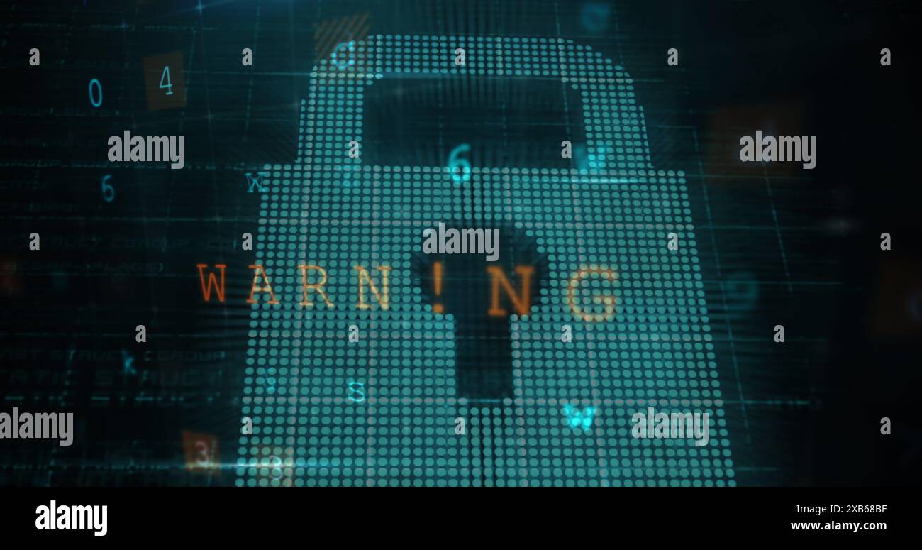 A digital lock icon with word WARNING displayed prominently in front of ...