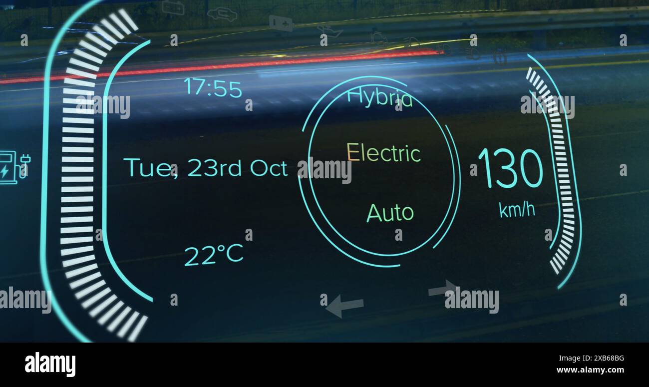 Digital dashboard display showing speed, temperature, date, and hybrid ...