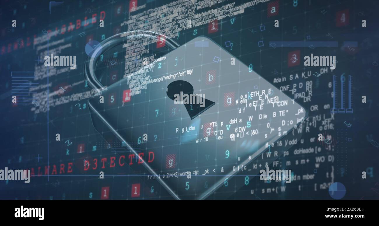 A digital lock icon surrounded by various codes and text MALWARE DETECTED. The background shows ...