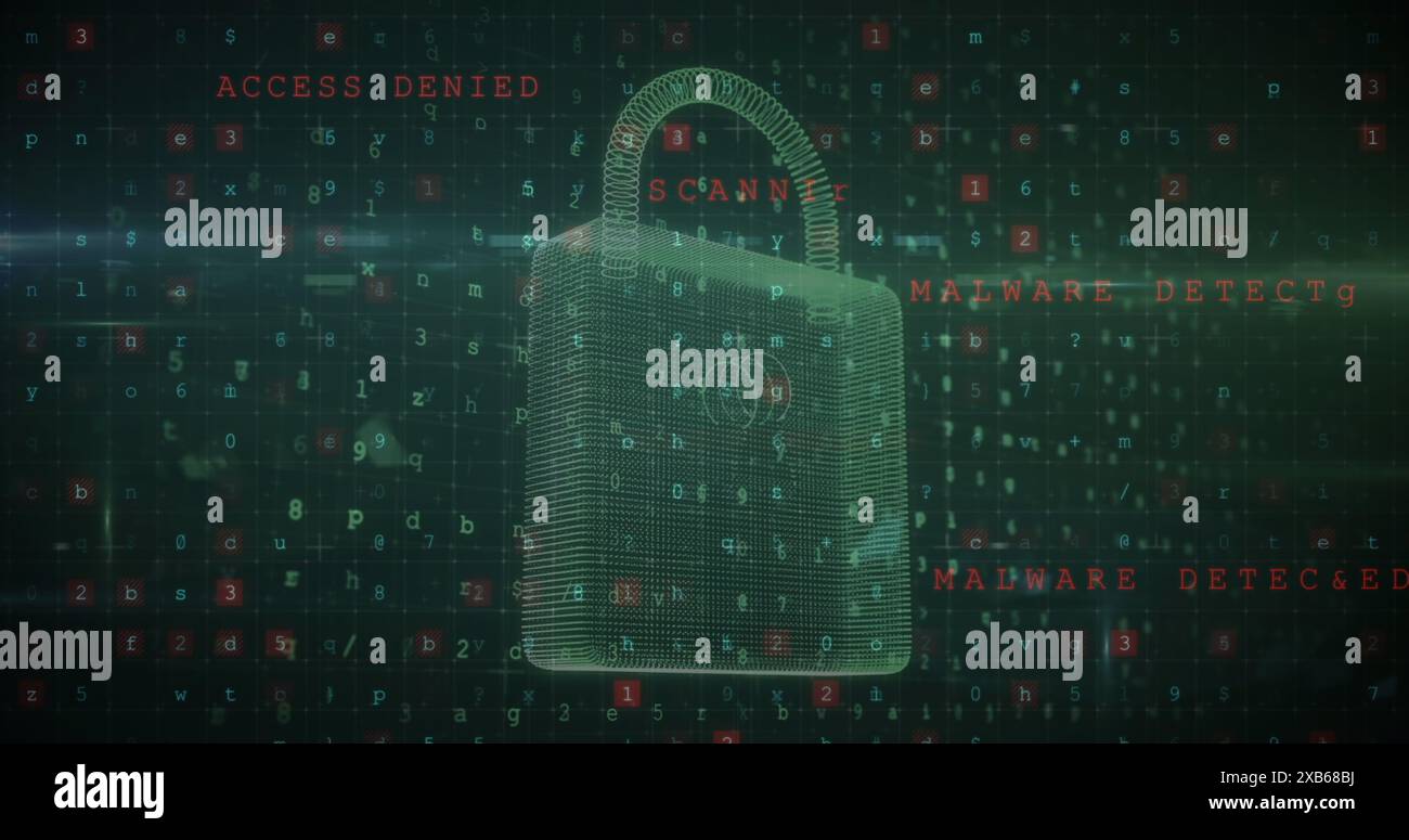 A digital lock is surrounded by red text reading ACCESS DENIED and MALWARE DETECTED Stock Photo ...