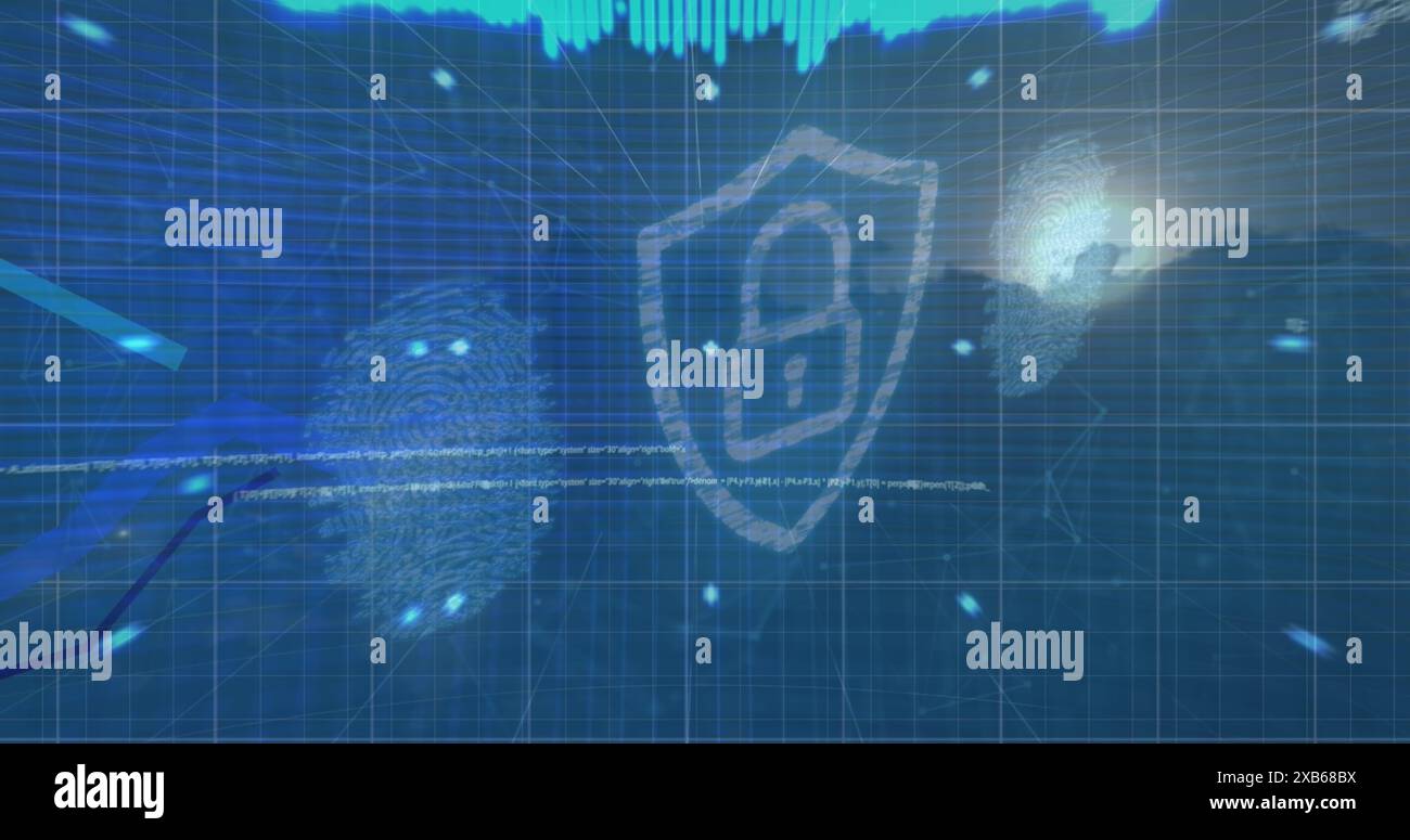 Digital security concept with fingerprint scans and padlock icon on a ...