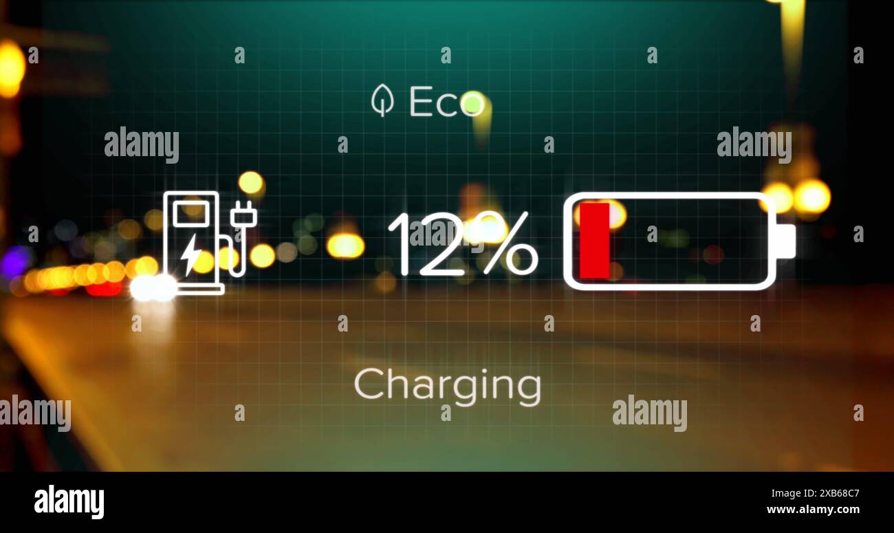 Digital display showing battery charging with eco-friendly icon Stock ...