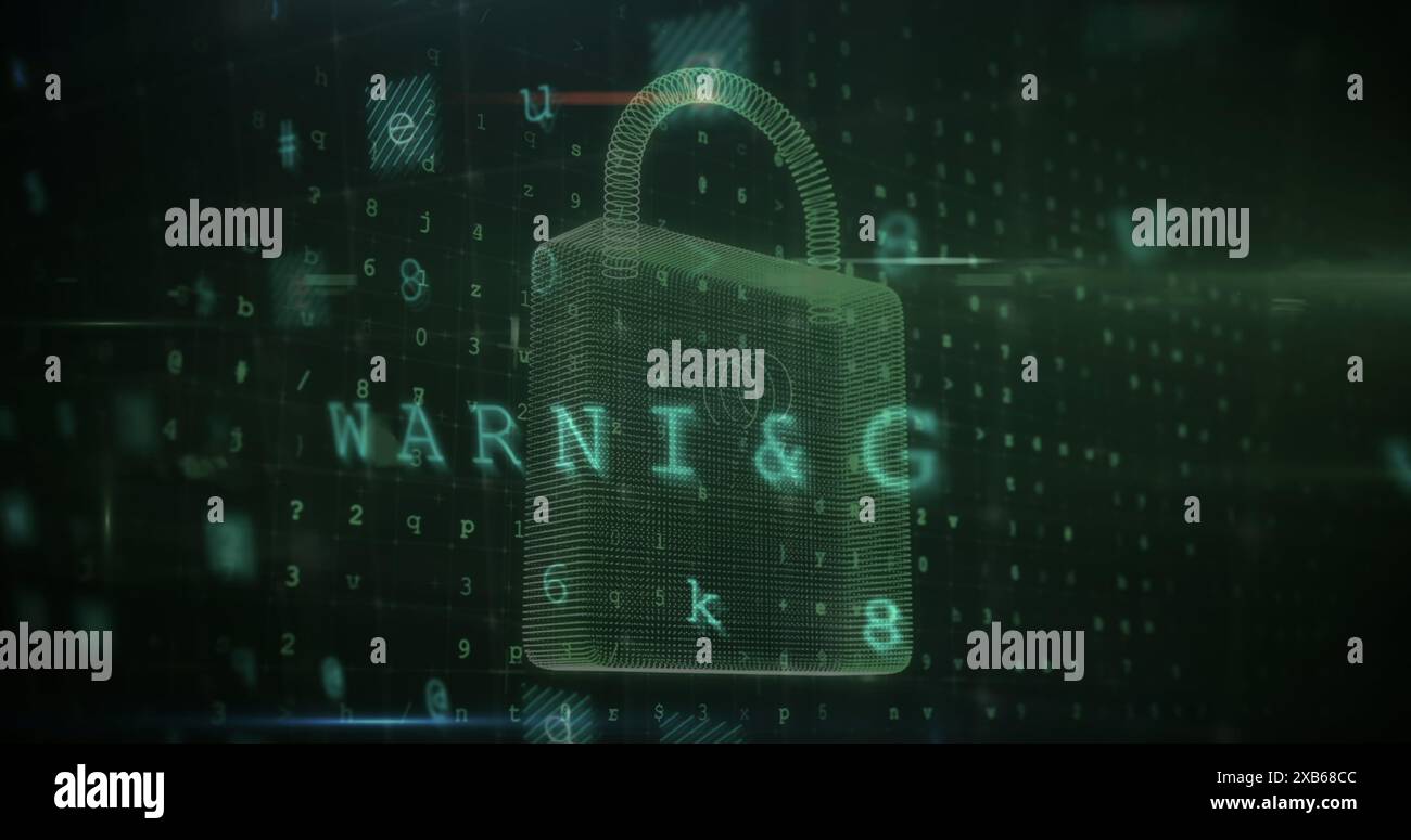 Digital padlock with WARNING text and floating characters in dark green ...