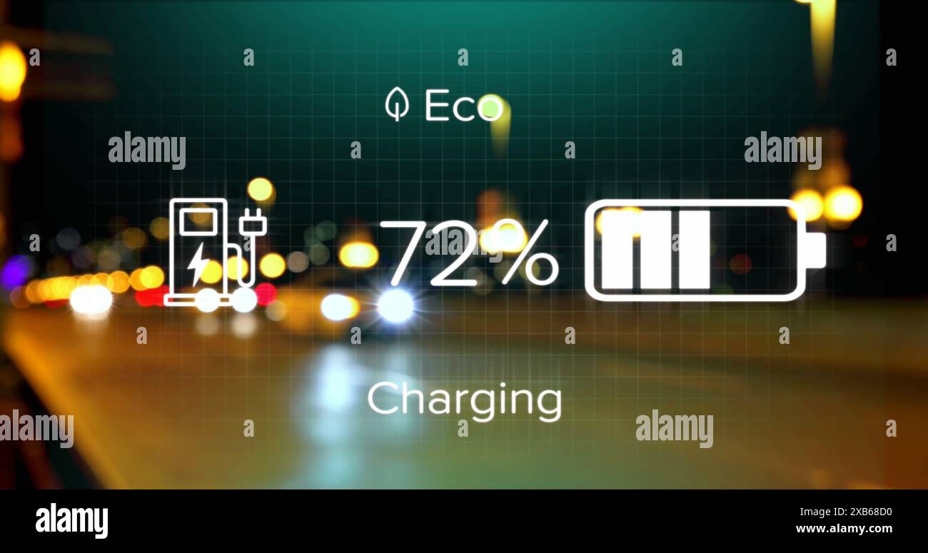 Digital display shows battery charging status with eco-friendly icons ...