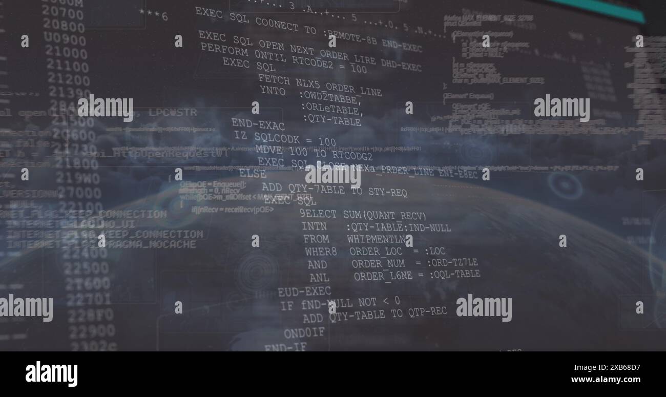 Lines of code and data are displayed on dark screen. Earth is faintly ...
