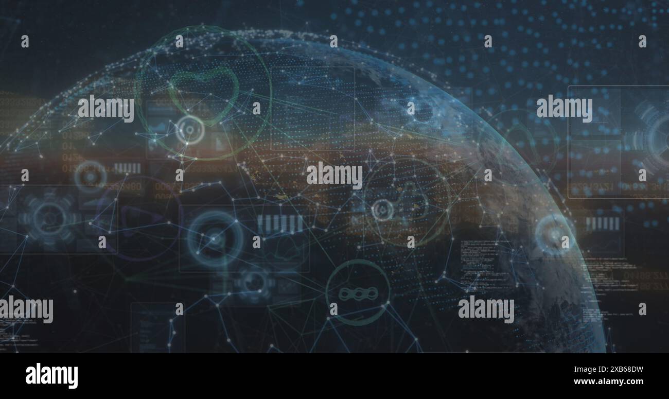 Digital globe with interconnected data points and holographic interfaces Stock Photo - Alamy