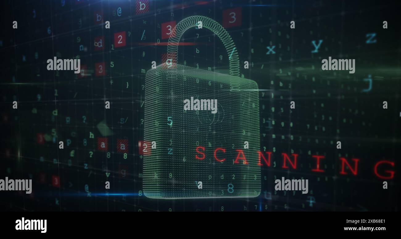 A digital padlock with numbers and letters is floating in dark, matrix ...