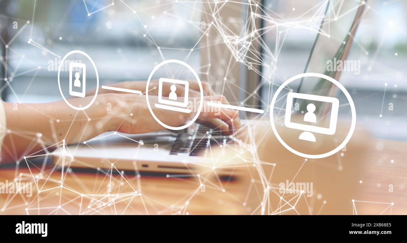 Person typing on laptop with interconnected icons on screen Stock Photo ...