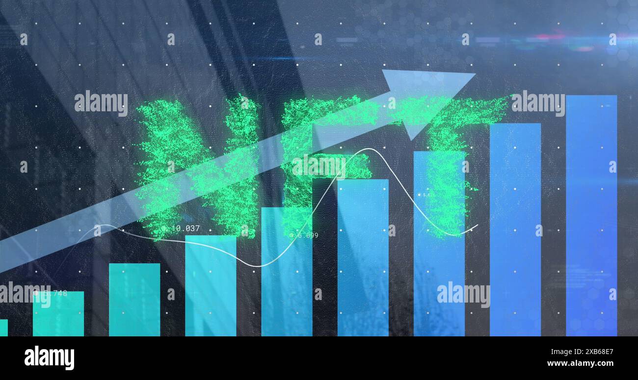 Digital graph with blue bars and green upward arrow indicating growth ...