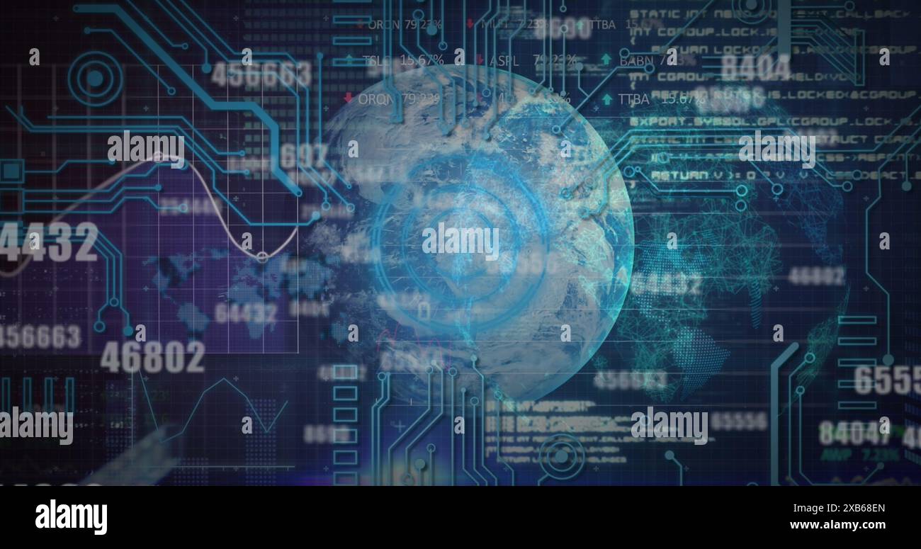 A digital globe with interconnected lines and numbers prominently ...