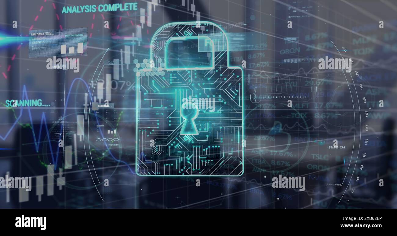 Digital lock icon with circuit patterns and holographic data overlays ...