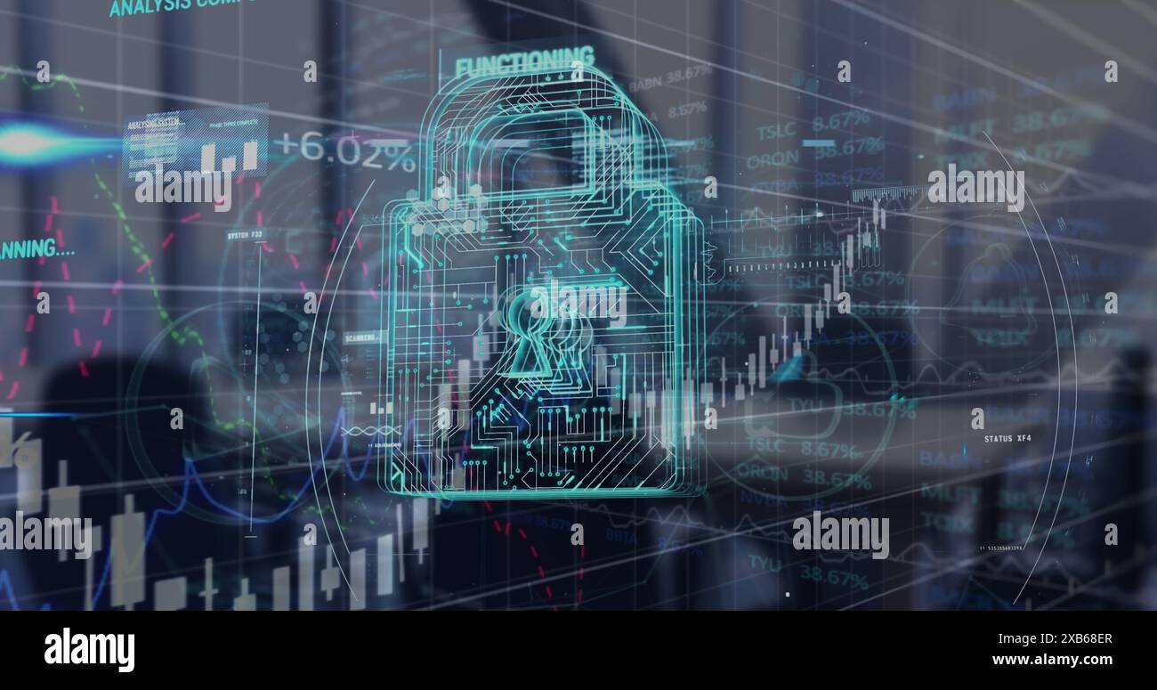 Digital lock graphic overlaying financial charts and data Stock Photo ...
