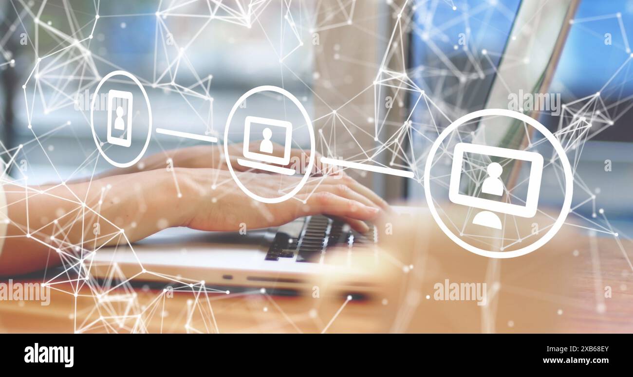 Hands typing on laptop keyboard with digital network icons on screen ...