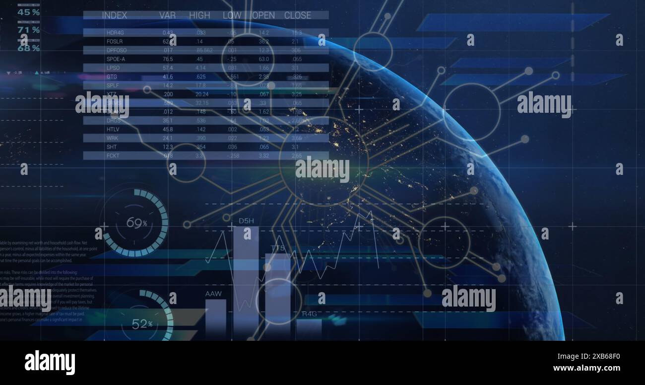 Digital data and graphs overlaying image of Earth from space Stock Photo - Alamy
