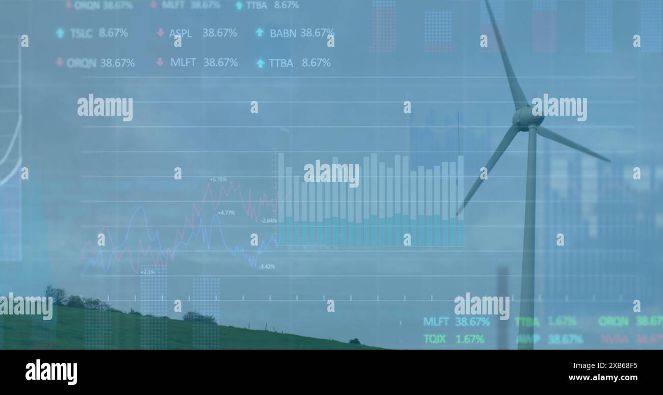 Graphical data overlays wind turbine in a rural landscape Stock Photo ...