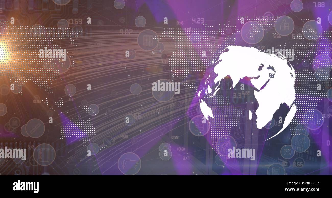 Digital world map with data points and lines connecting various ...