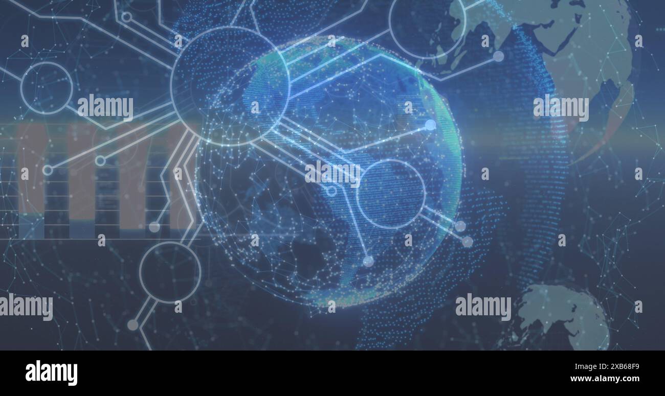 Digital network connections surround glowing globe, representing global communication Stock ...