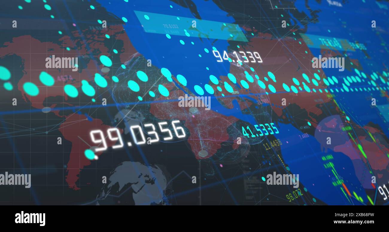Digital World Map With Numerical Data Overlays And Bright Dots And