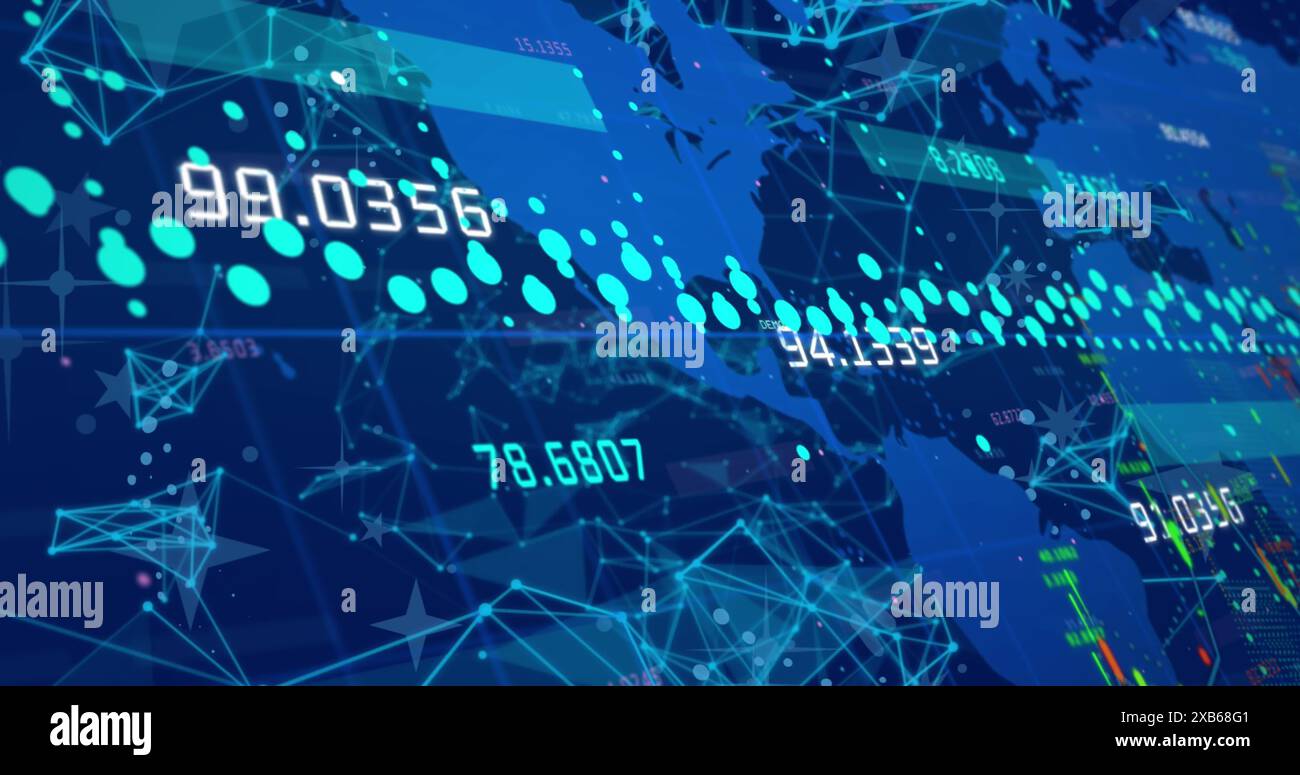 Digital world map with numbers and data points on blue background Stock ...