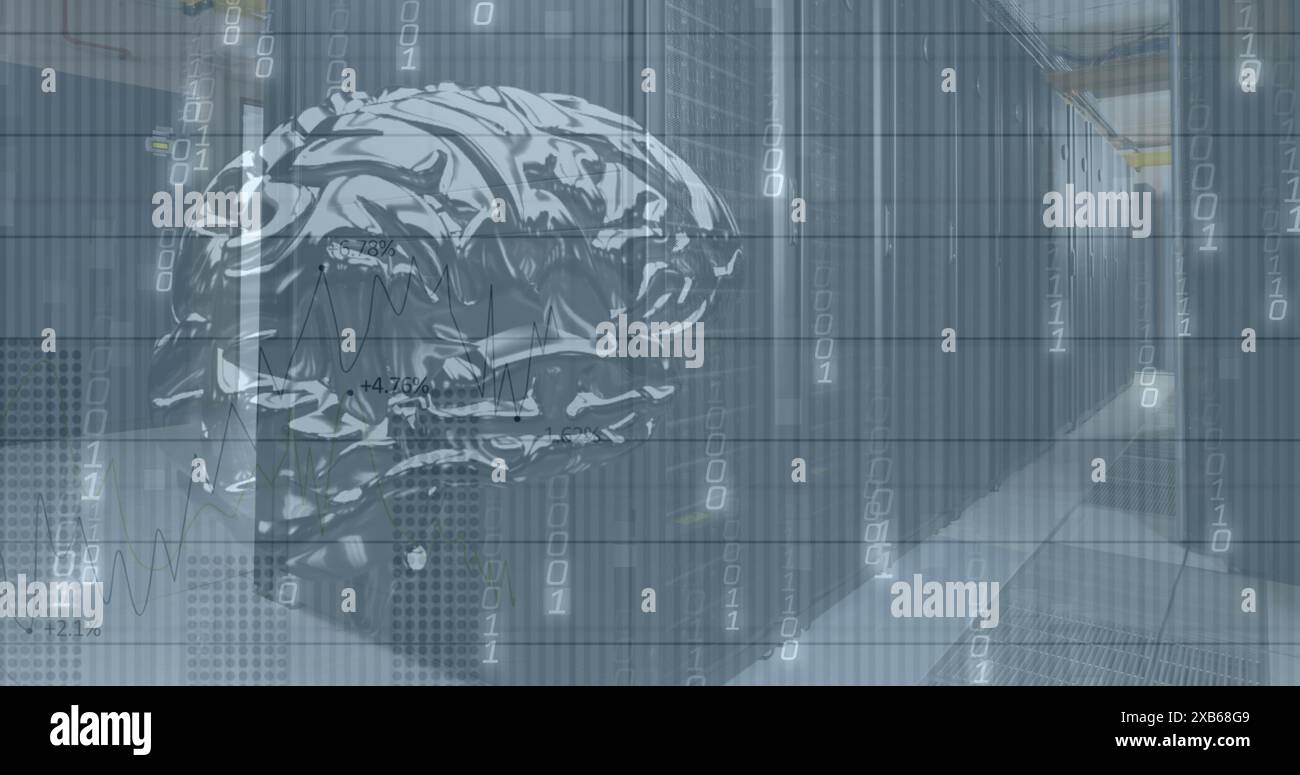 Digital brain graphic overlaying rows of servers in data center. Scene ...