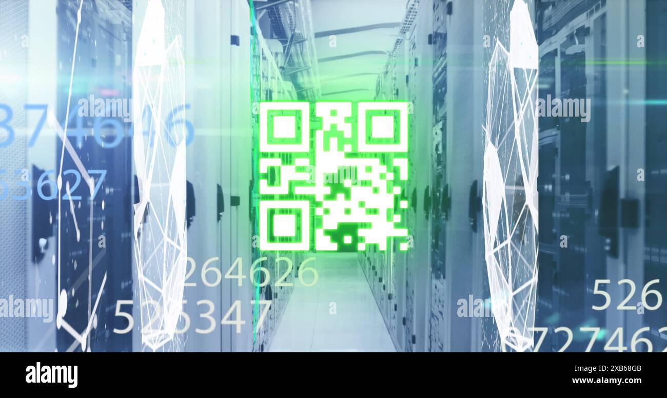Green Background Qr Code Floating In Front Of Server Racks In Data