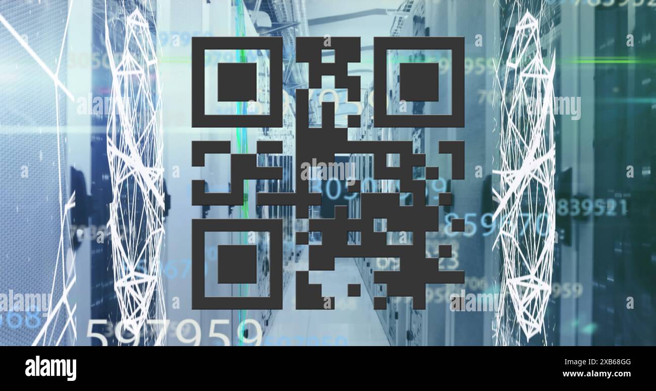A large QR code is displayed prominently in front of server room ...
