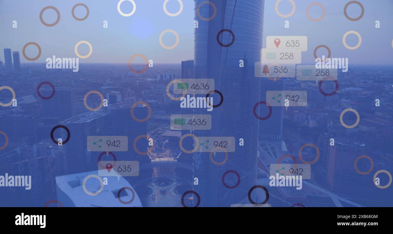 Image of digital data points overlay cityscape with tall buildings ...