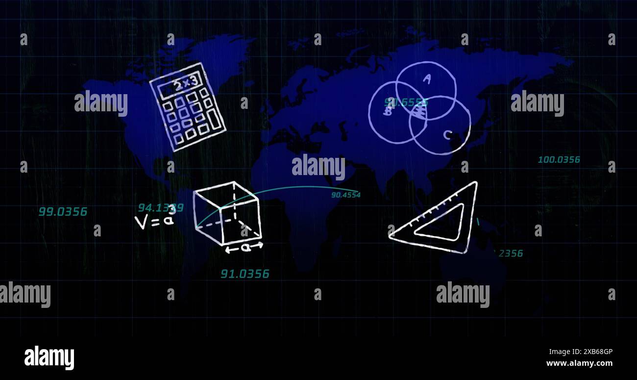 Mathematical symbols and diagrams are displayed on digital world map ...