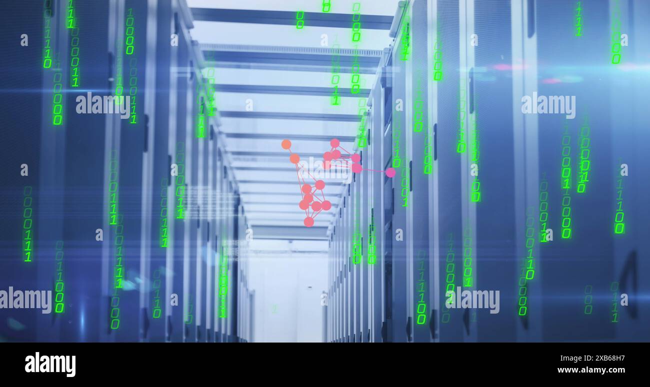Rows of servers in data center with digital code overlay on a black background Stock Photo - Alamy