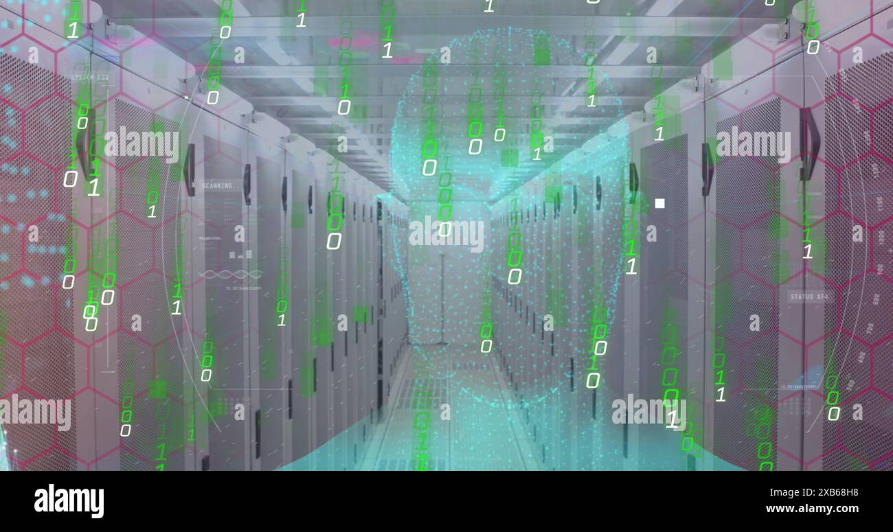 Rows of servers in data center with green binary code overlay Stock Photo - Alamy