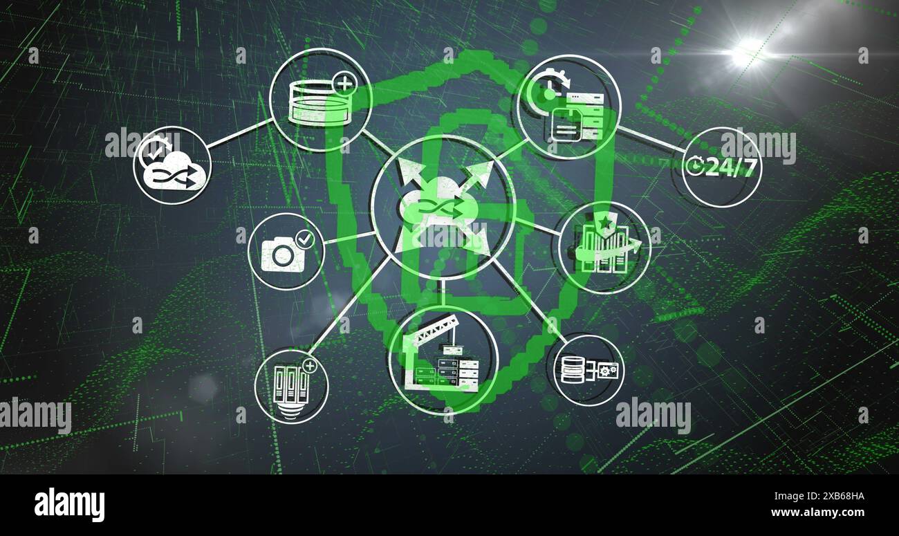 Digital network diagram displaying interconnected icons related to ...