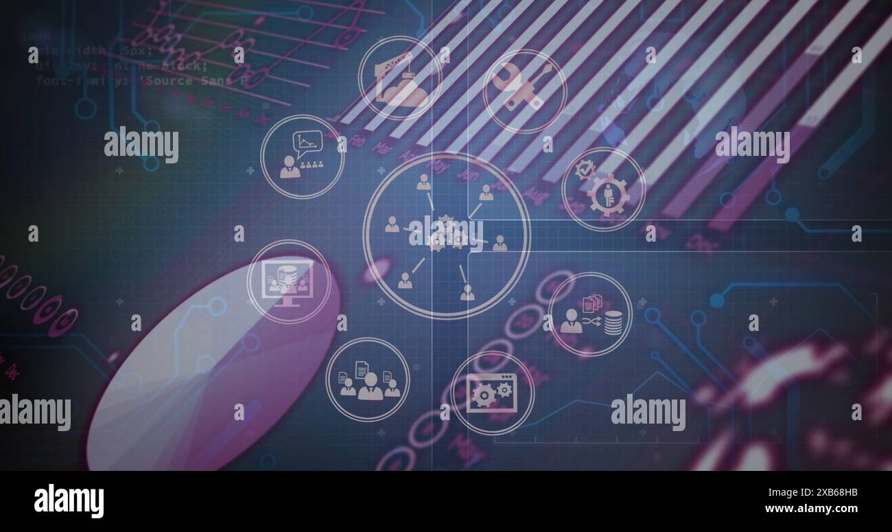 Digital interface with various technology icons displayed on screen ...