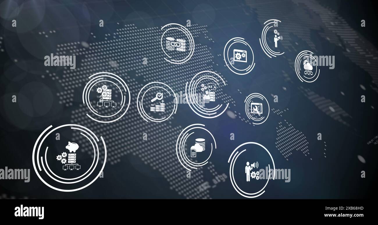 Digital icons representing various technologies and services on dark ...