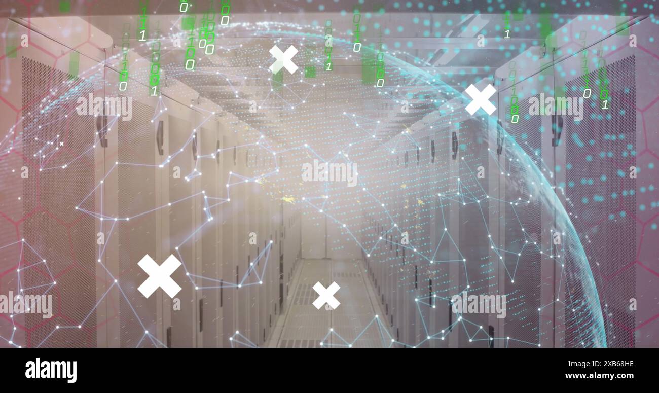 Rows of servers in data center with digital graphics overlaying scene ...