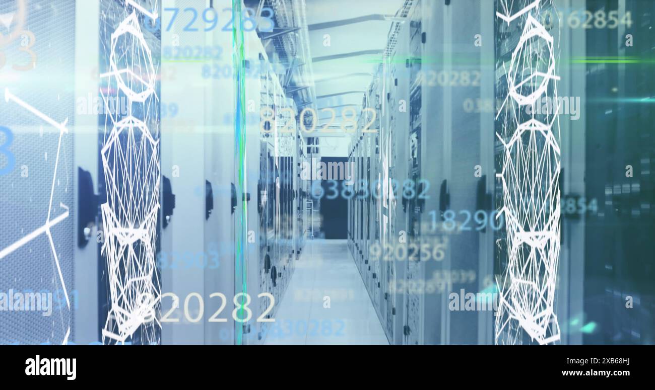 Rows of servers in data center with digital overlays representing cloud ...