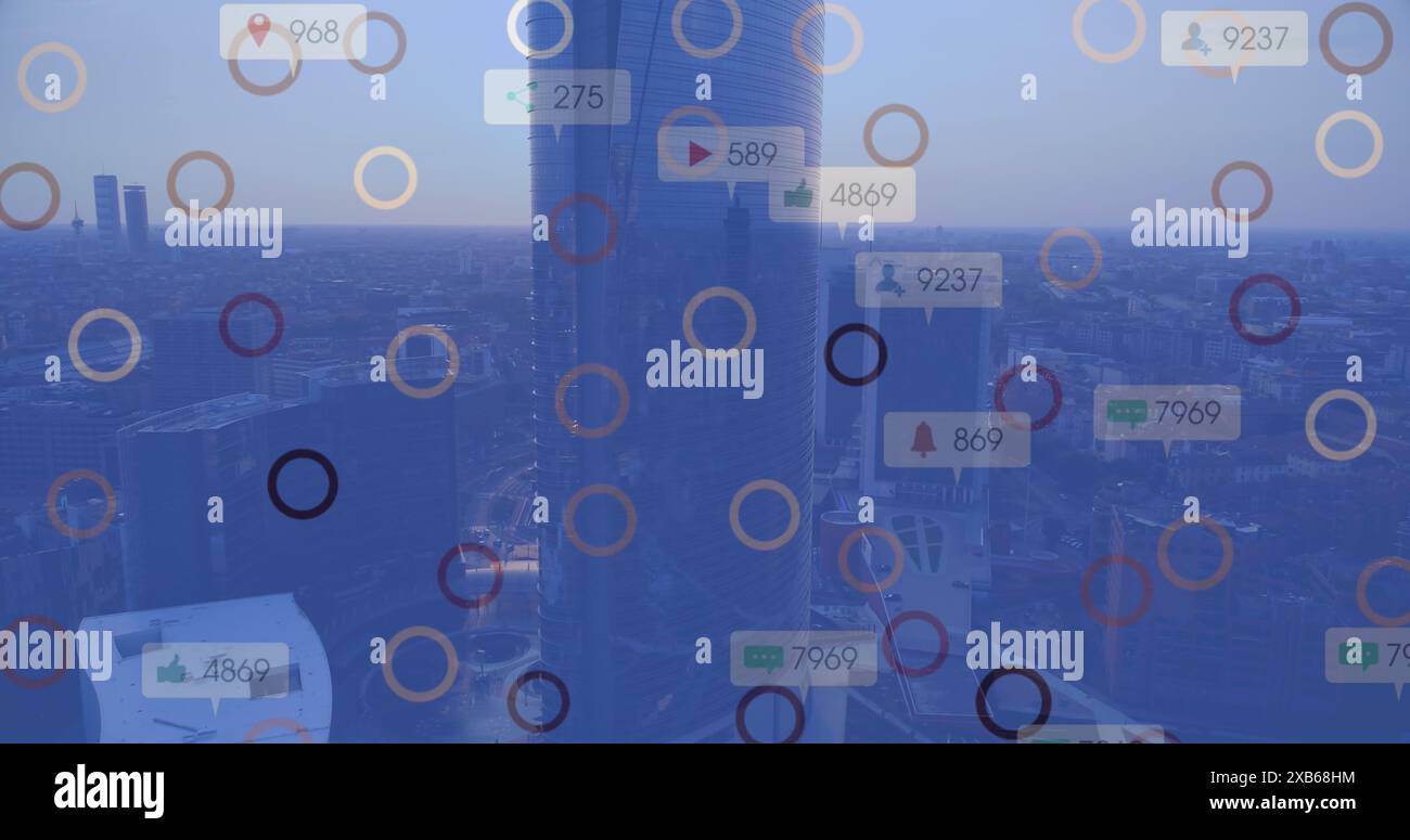 Image of digital notifications overlaying cityscape with a tall modern ...