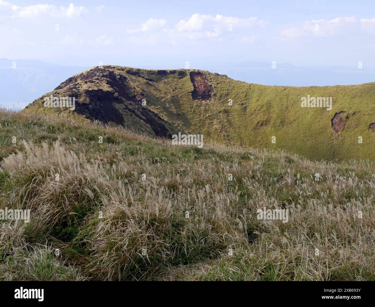circular shape of volcanic cone of Kishima Dake, Aso Kuju national park ...