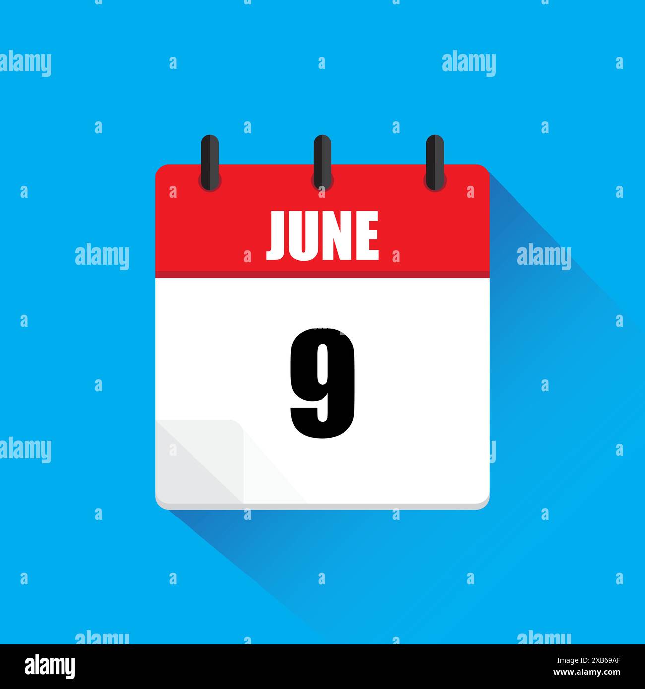 Vector calendar icon. June ninth date. Red and white colors. Blue ...