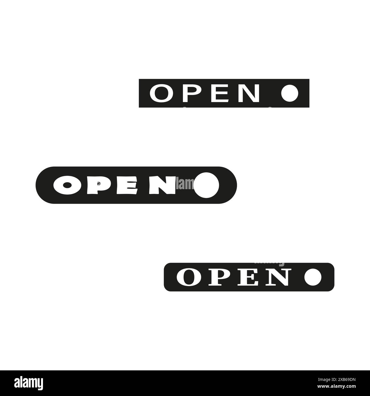 Open signs in diverse styles. Black and white vector icons. Simplistic ...