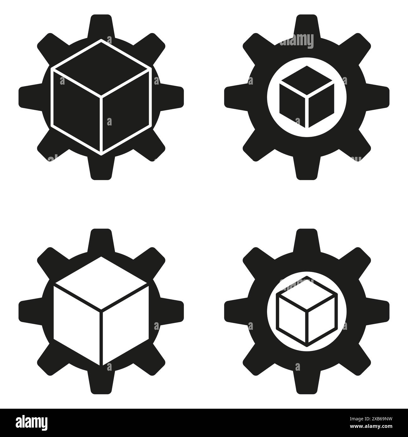 Gear and cube icons. Four black and white. Geometric vector elements ...