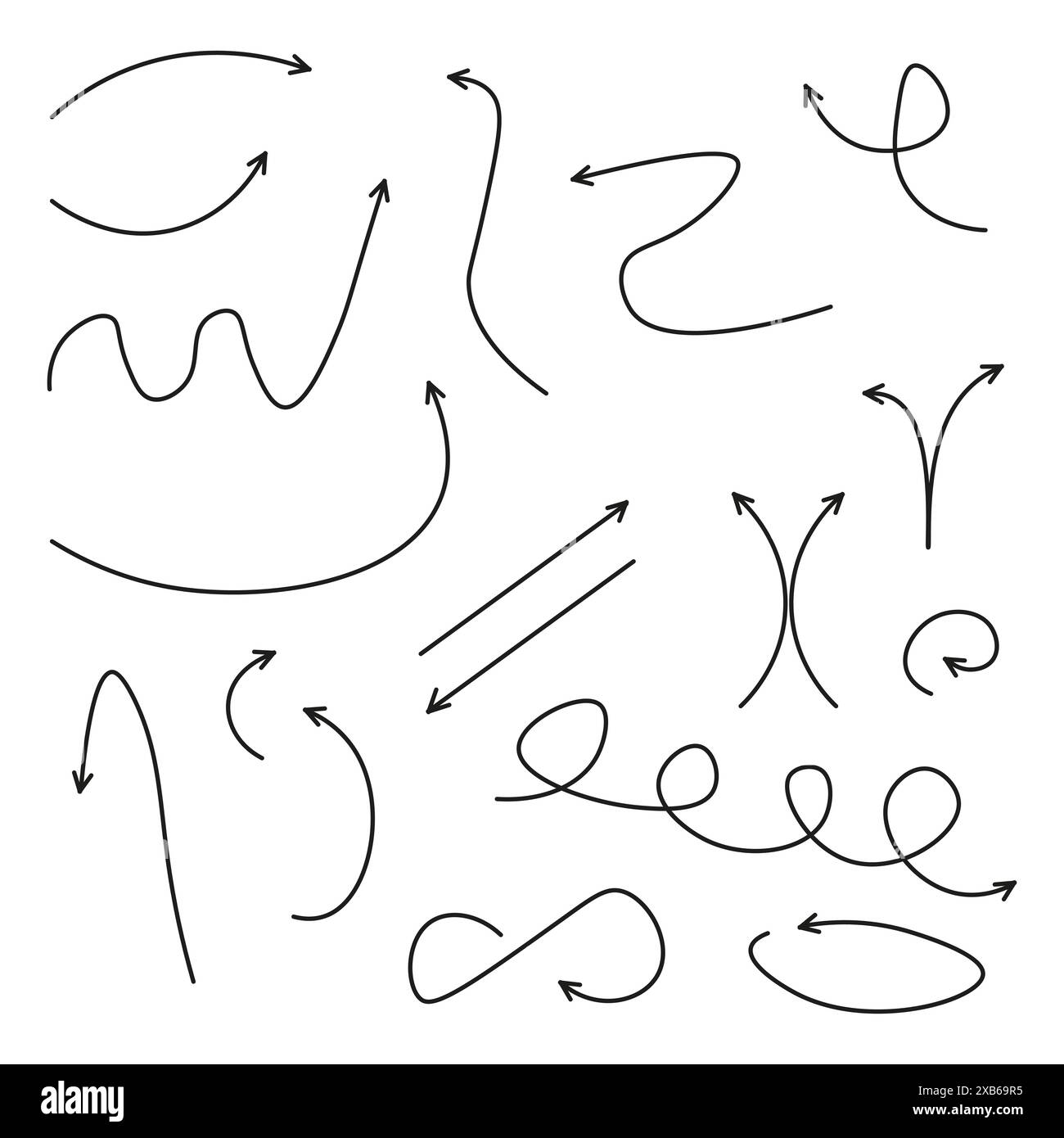 Hand drawn arrows vector. Sketchy curved lines. Black doodle arrows. Directional pointers set ...