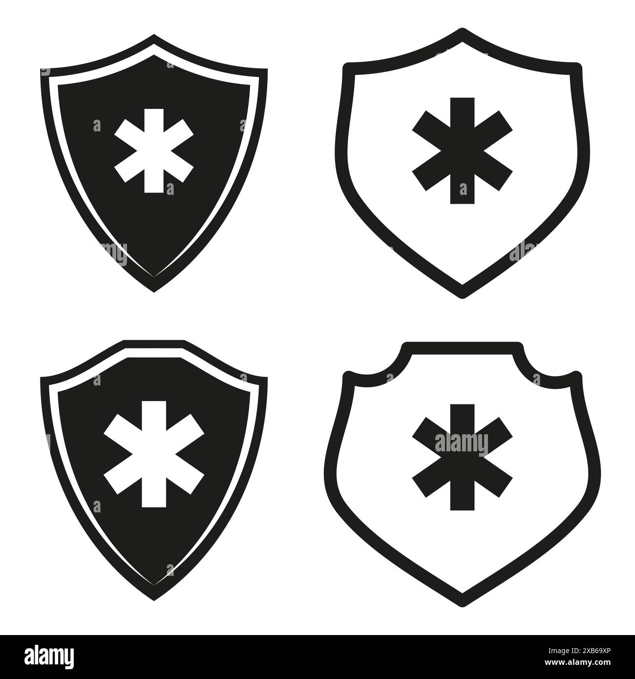 Shield vector icons. Medical star symbols. Black and white design ...