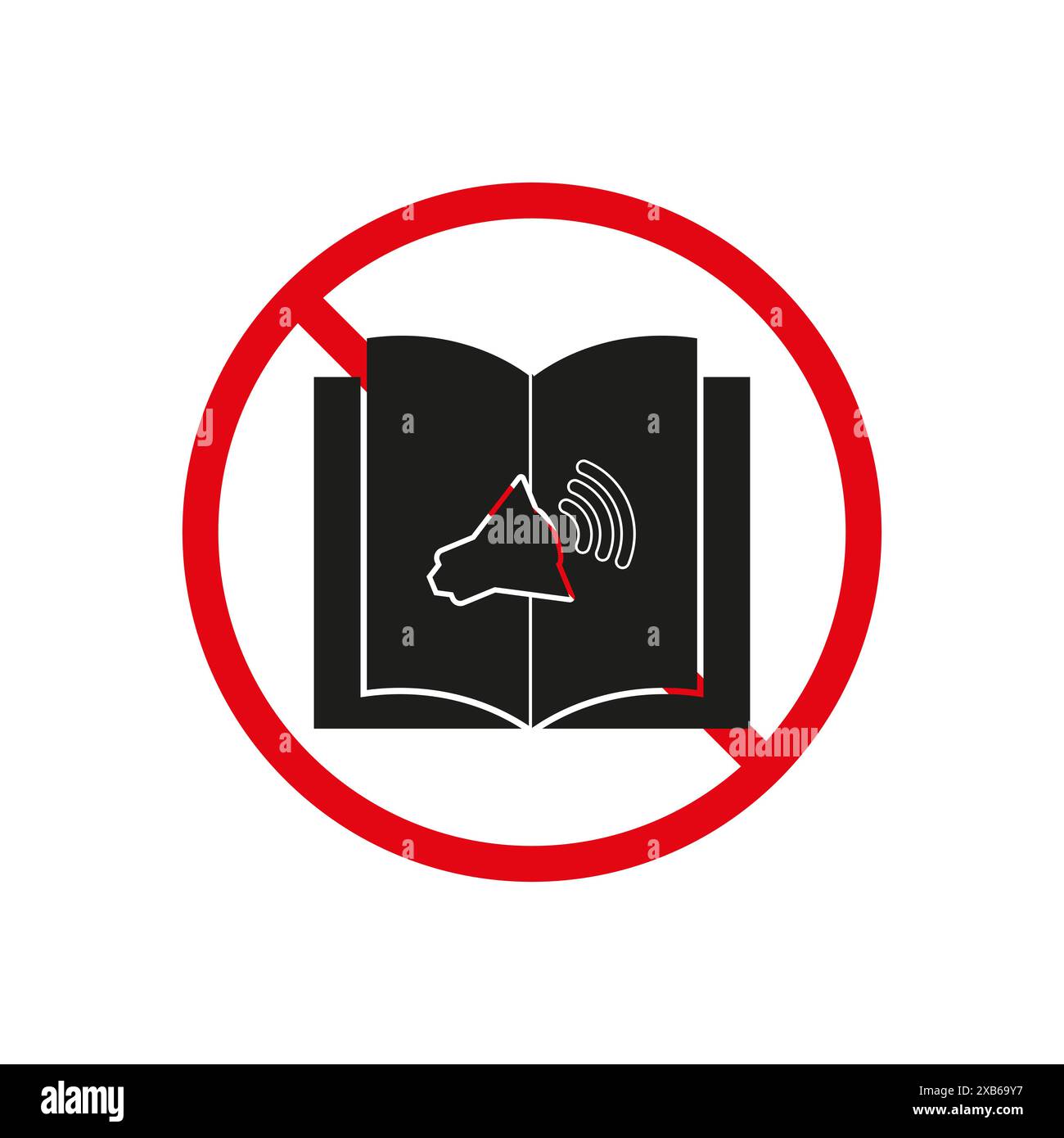 No loud reading. Open book icon. Red prohibition sign. Vector symbol ...