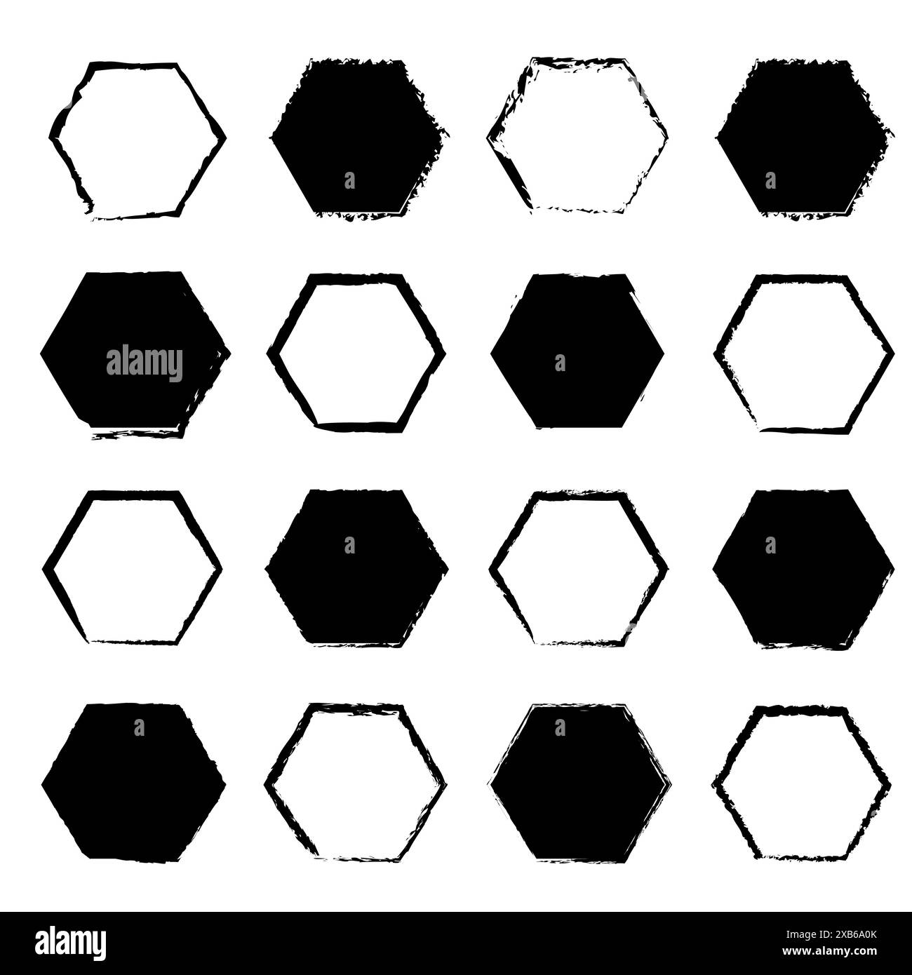 Grunge hexagon icons. Hand drawn vector. Abstract black shapes. Rough ... Grunge hexagon icons. Hand drawn vector. Abstract black shapes. Rough ...