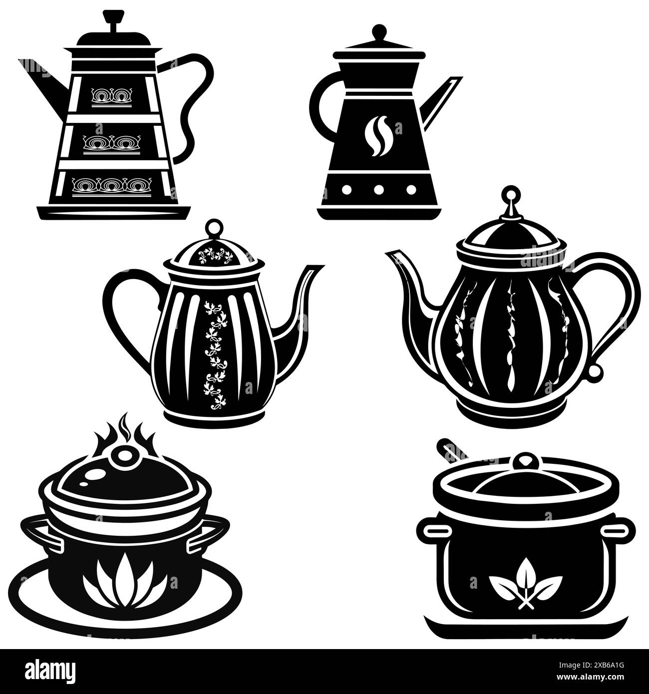 Teapot and cookware icons. Black vector designs. Five different styles ...