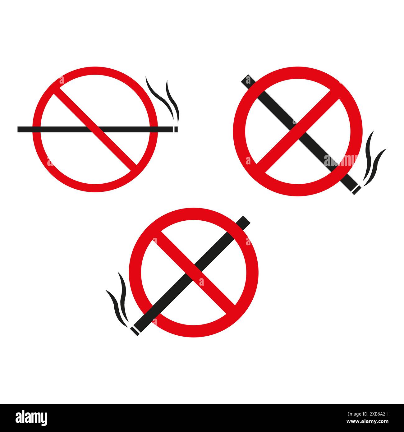 No smoking signs. Red prohibition circles. Black cigarettes with smoke ...