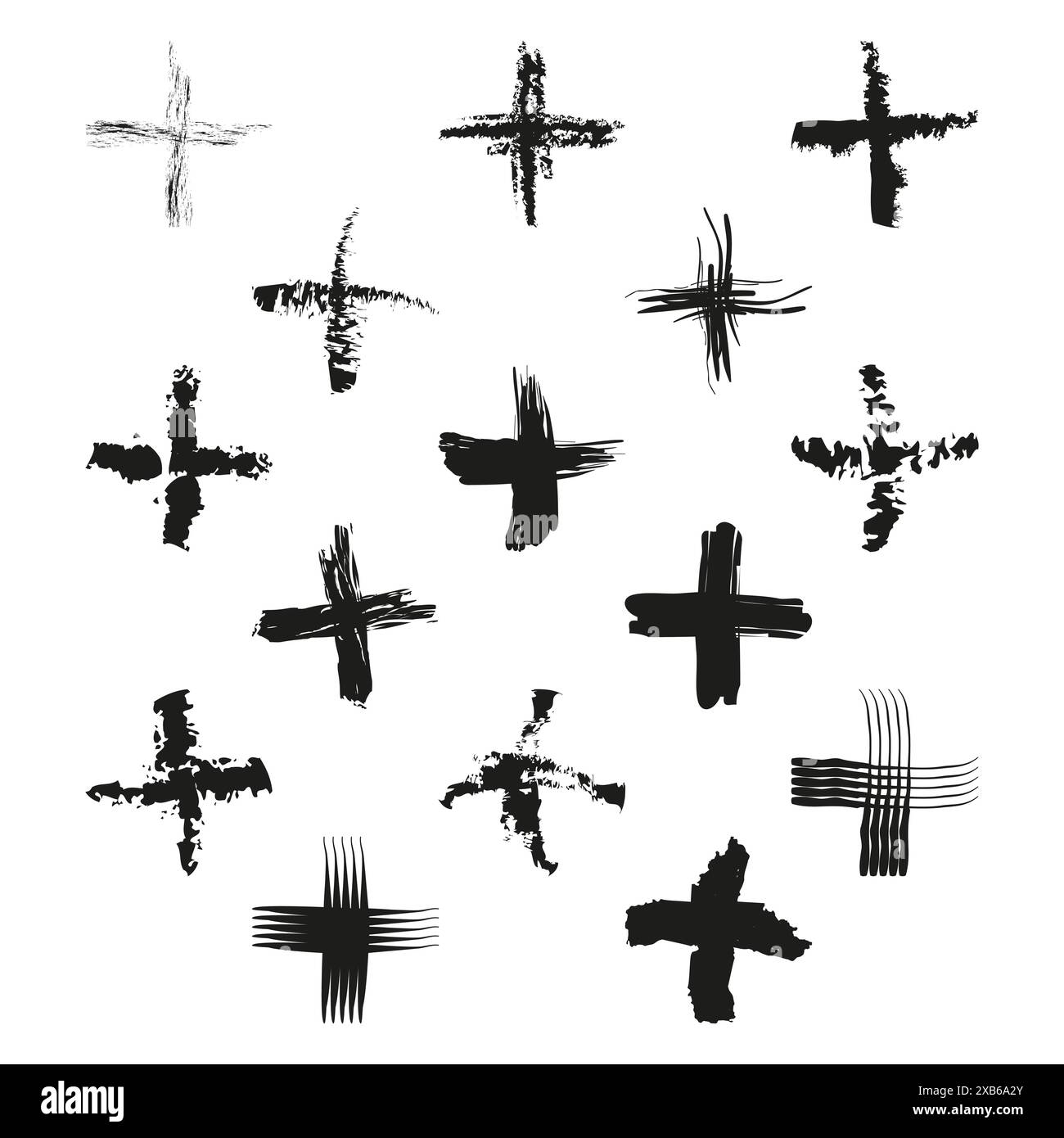 Grunge cross icons. Rough brush strokes. Black vector elements ...