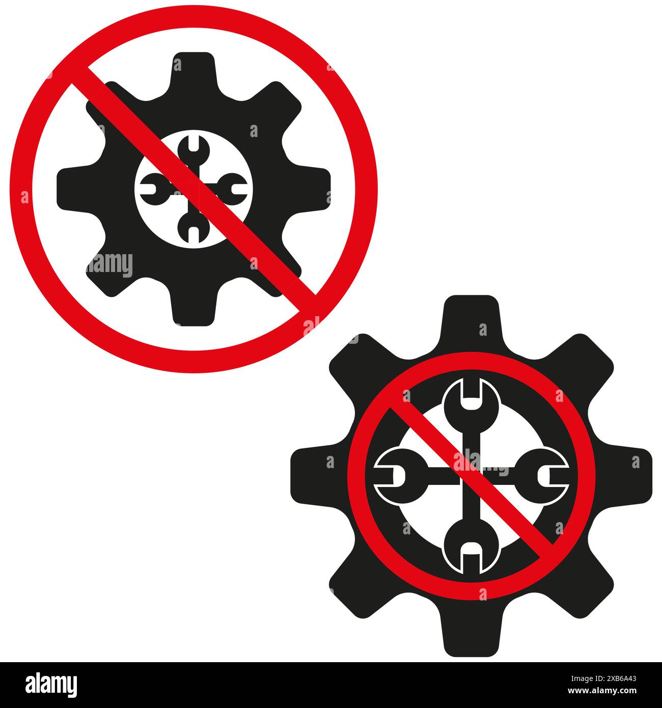 No maintenance icon. Gear with crossed wrenches. Red prohibition sign ...