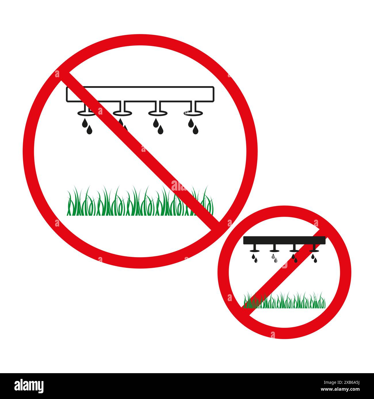 No irrigation sign. Red prohibition symbols. Drip irrigation over grass ...