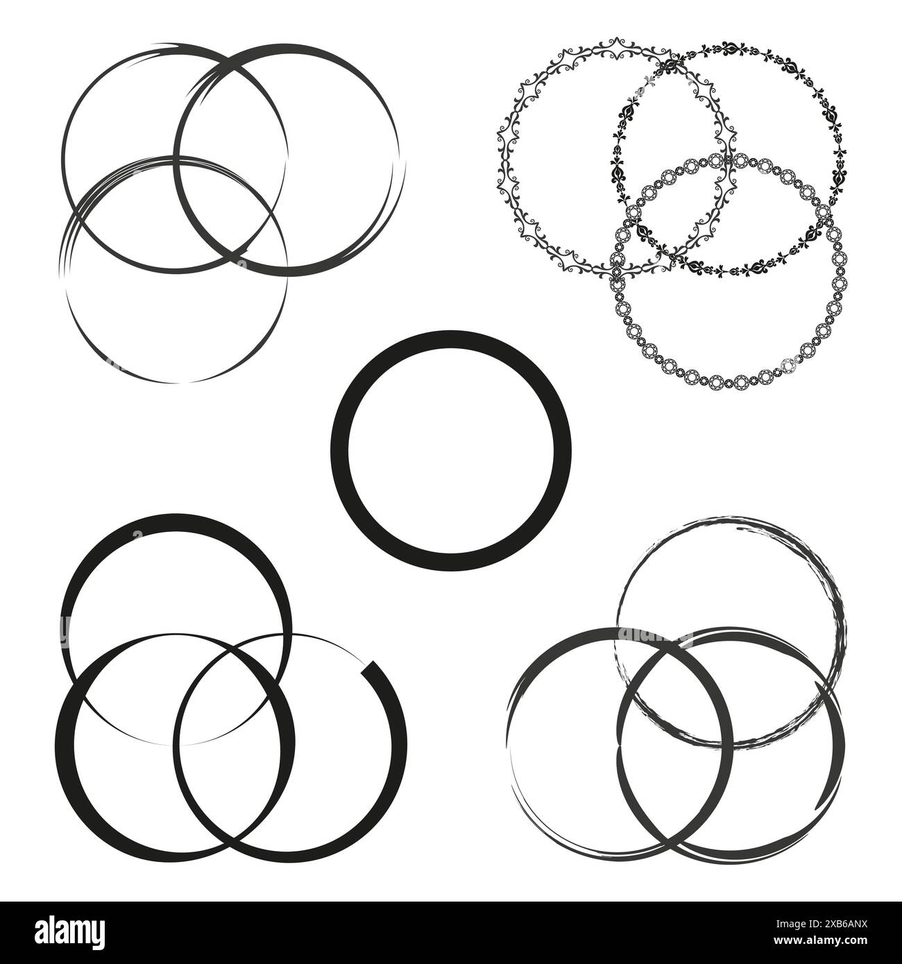Six black circles. Varied decorative styles. Overlapping design elements. Vector illustration ...